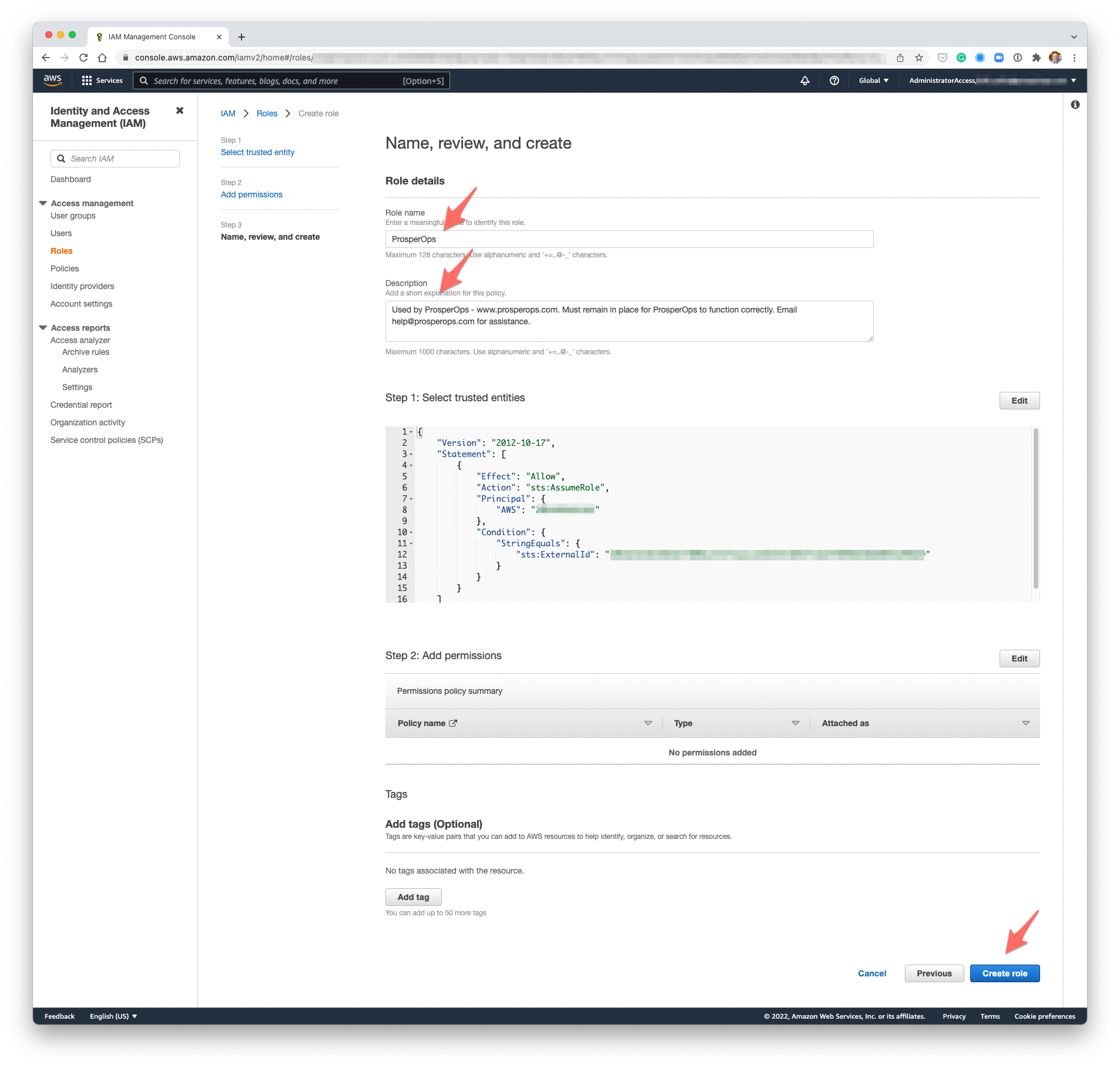 Using the AWS Console to configure ProsperOps access for a Savings Analysis