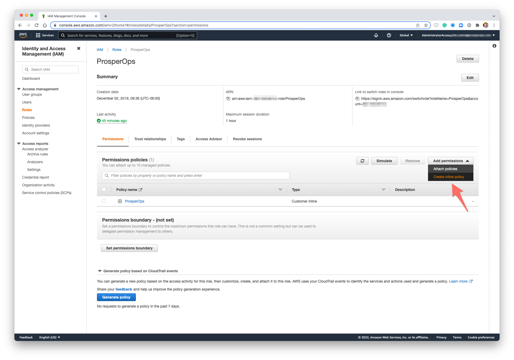 Using the AWS Console to configure ProsperOps access for a Savings Analysis
